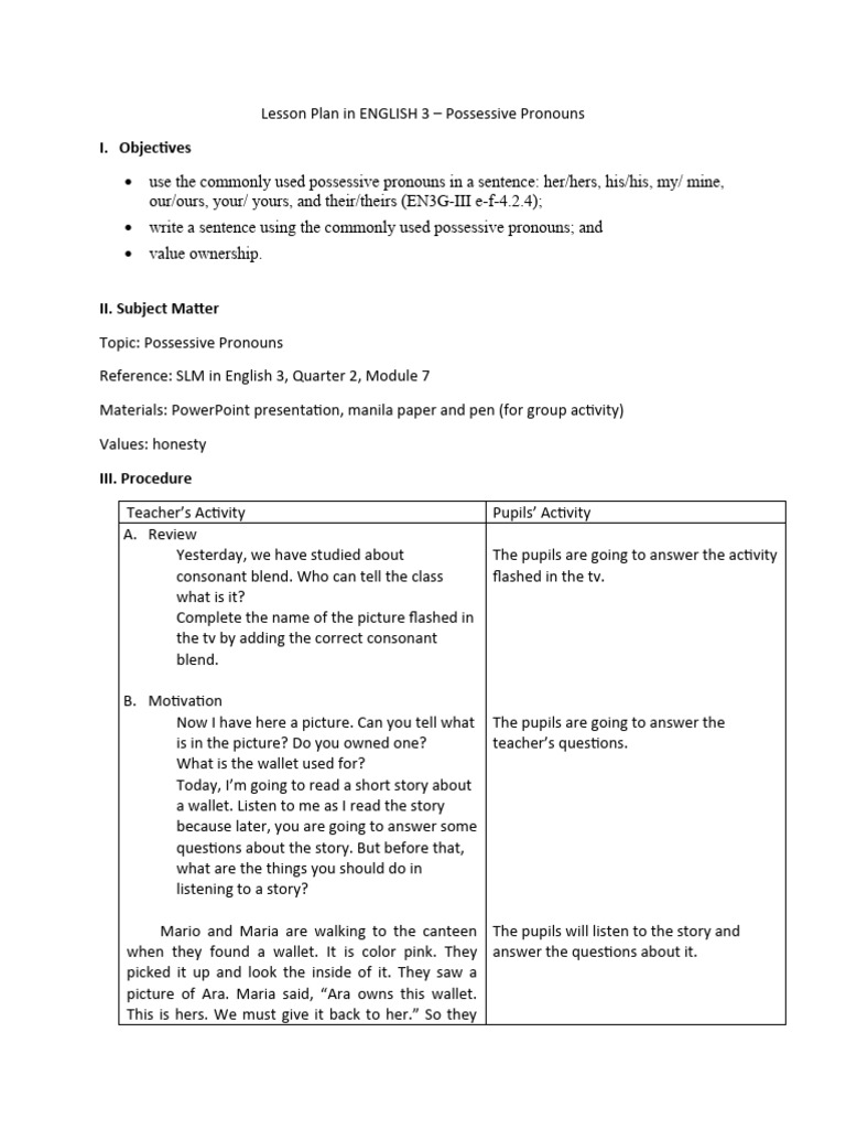 Lesson-Plan-in-ENGLISH-3-Possessive Pronouns | PDF | Linguistics