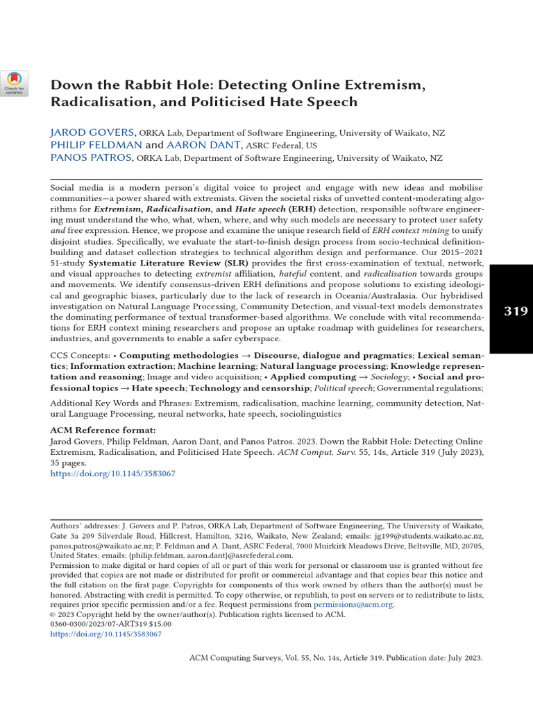 Down The Rabbit Hole Detecting Online Extremism, Radicalisation, and Politicised Hate Speech ...