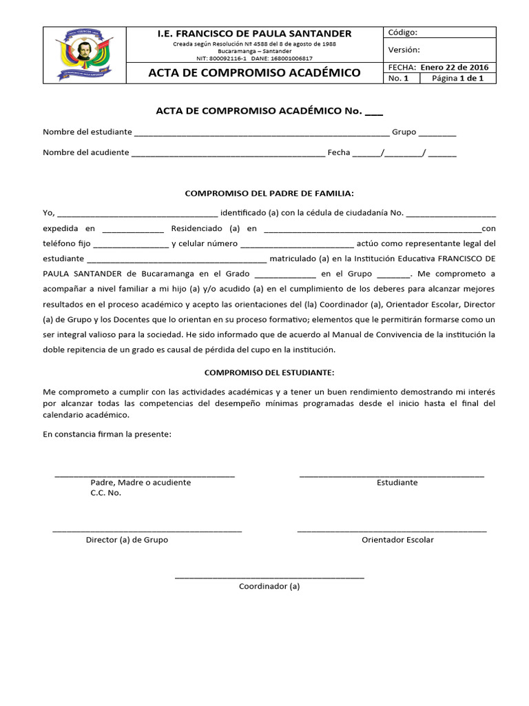 Acta de Compromiso Academico Modelo 2020 - Institucional | PDF