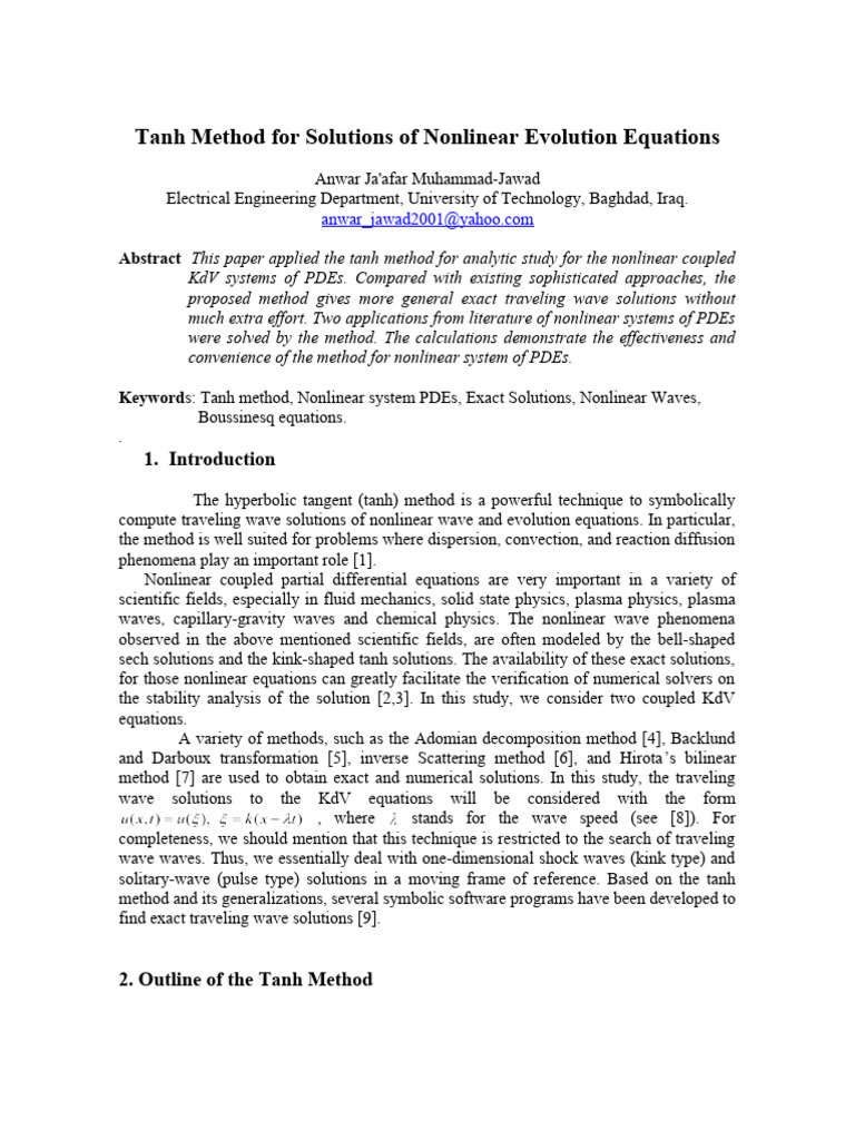 Tanh Method for Nonlinear PDE Solutions | PDF | Equations | Nonlinear ...