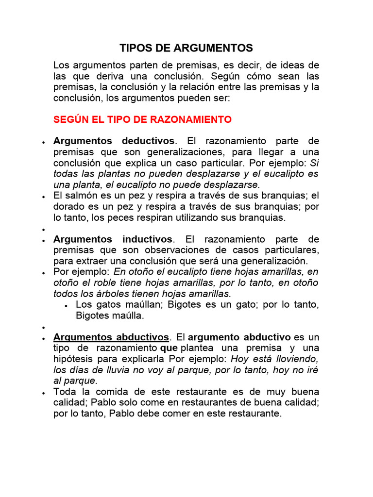 Tipos de Argumentos y Ejemplos | PDF | Argumento | Analogía