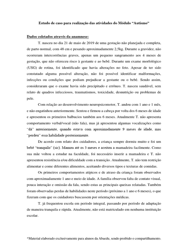 Estudo de Caso Para Realiza o Das Atividades Do M Dulo Sobre Autismo (4) | PDF | Gravidez