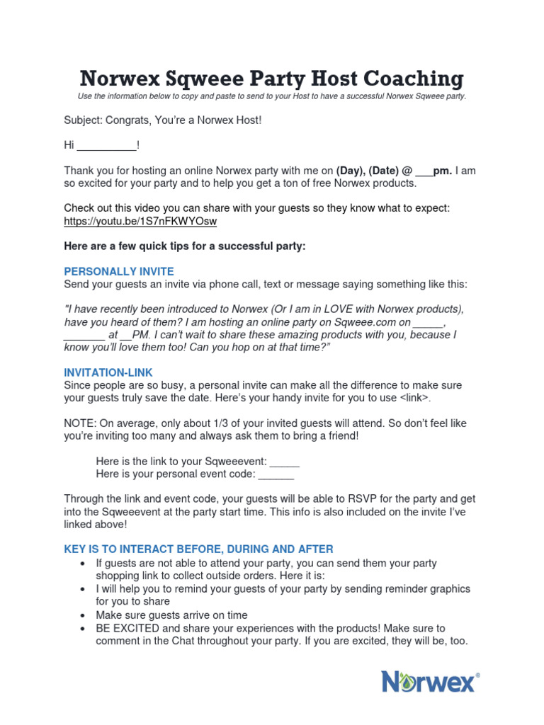 Norwex Sqweee Host Coaching Email | PDF | Career & Growth | Business