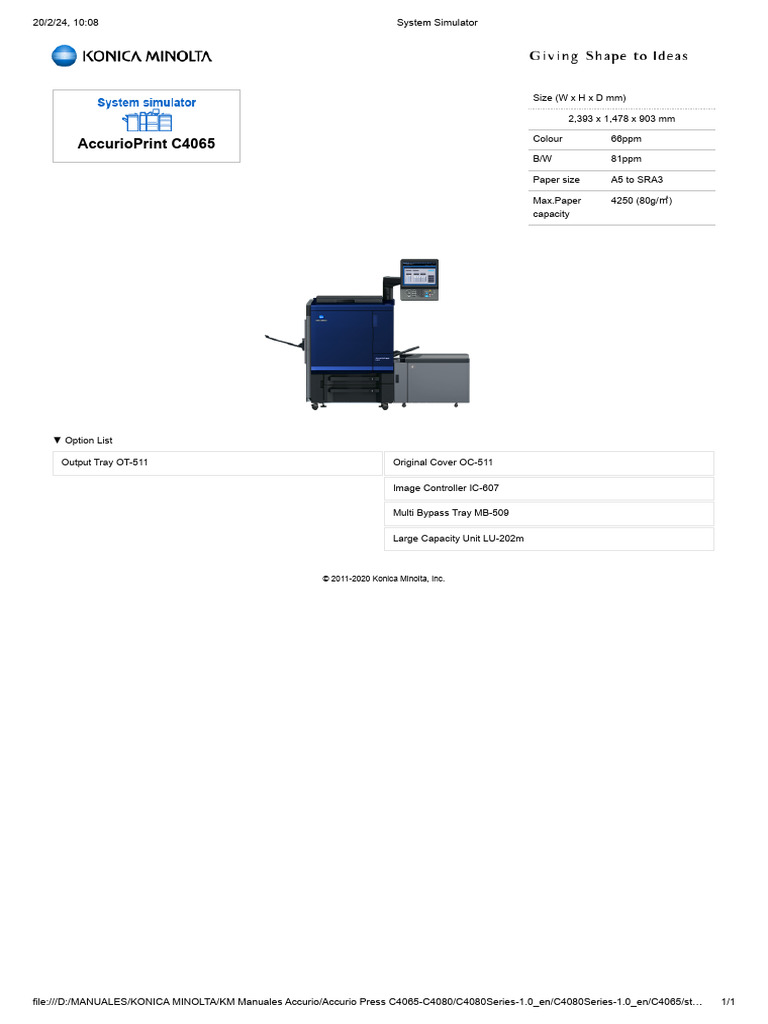 AccurioPrint C4065 Specs Overview | PDF | Technology & Engineering