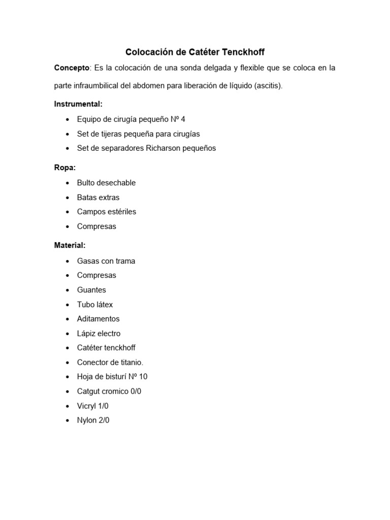 Guía de Colocación de Catéter Tenckhoff | PDF | Peritoneo | Sutura ...