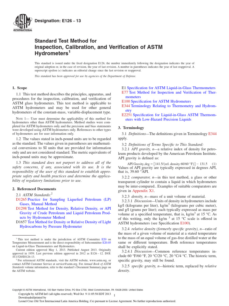E126-2013 Verificación Hidrometros | PDF | Density | Liquids