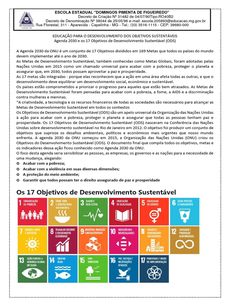 1º Trabalho de Ods 2º Ano Domingos Pimenta | PDF | Sustentabilidade ...