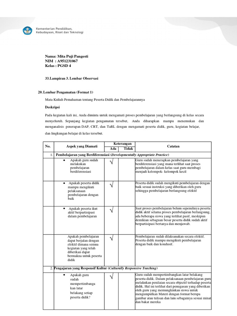 Mita Puji Pangesti - A951231067 - Tugas 1.2 Melakukan Pengamatan Langsung Di Ruang Kelas | PDF ...
