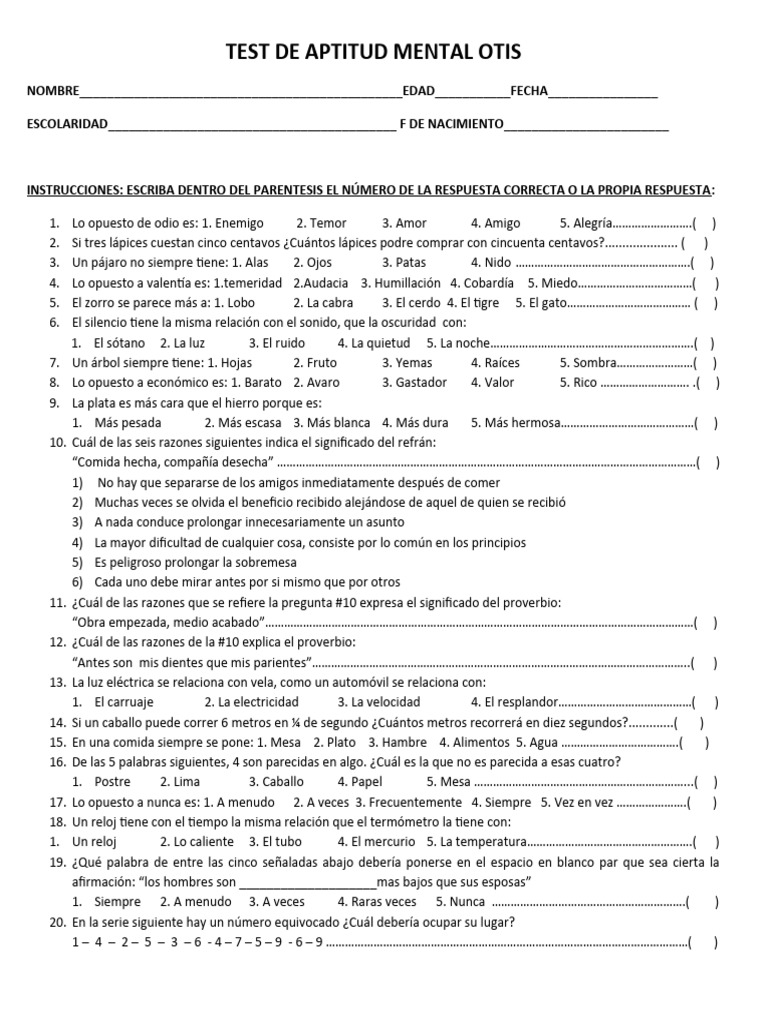 Test de Aptitud Mental Otis | PDF | Juegos y actividades | Métodos y ...