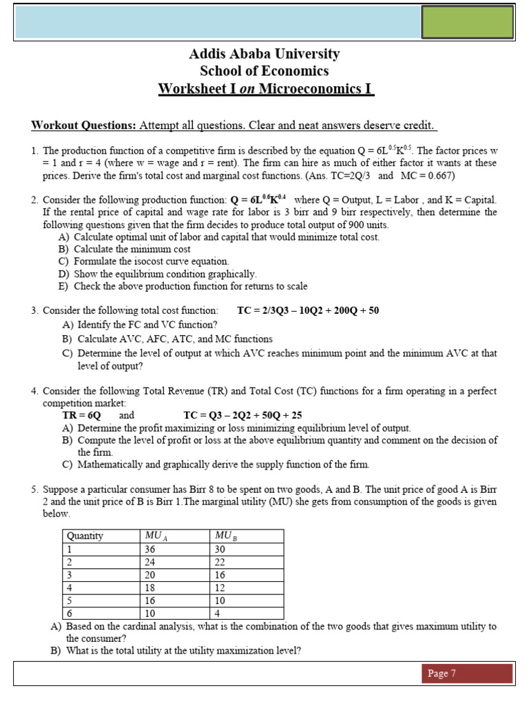 Worksheet I On MICRO I 2015-16 A.Y@AAU - NMD | PDF | Demand | Utility