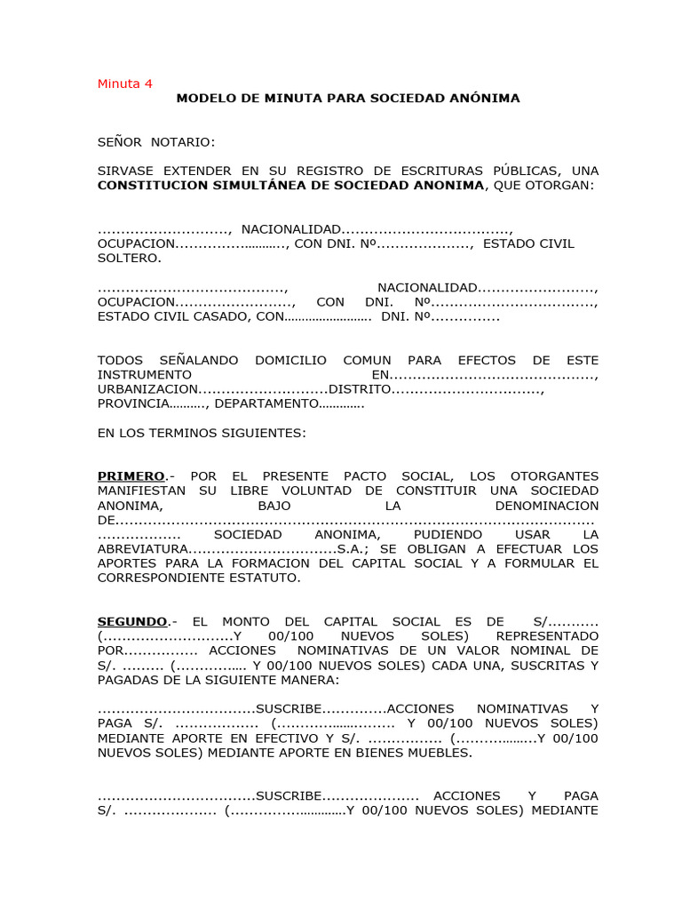 Modelo de Minuta para Sociedad Anónima | PDF | Negocios