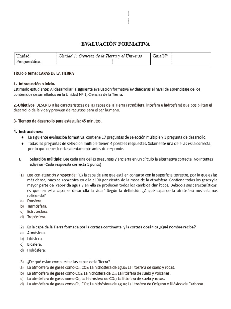 Prueba Capas de La Tierra | PDF | Tierra | Dióxido de carbono