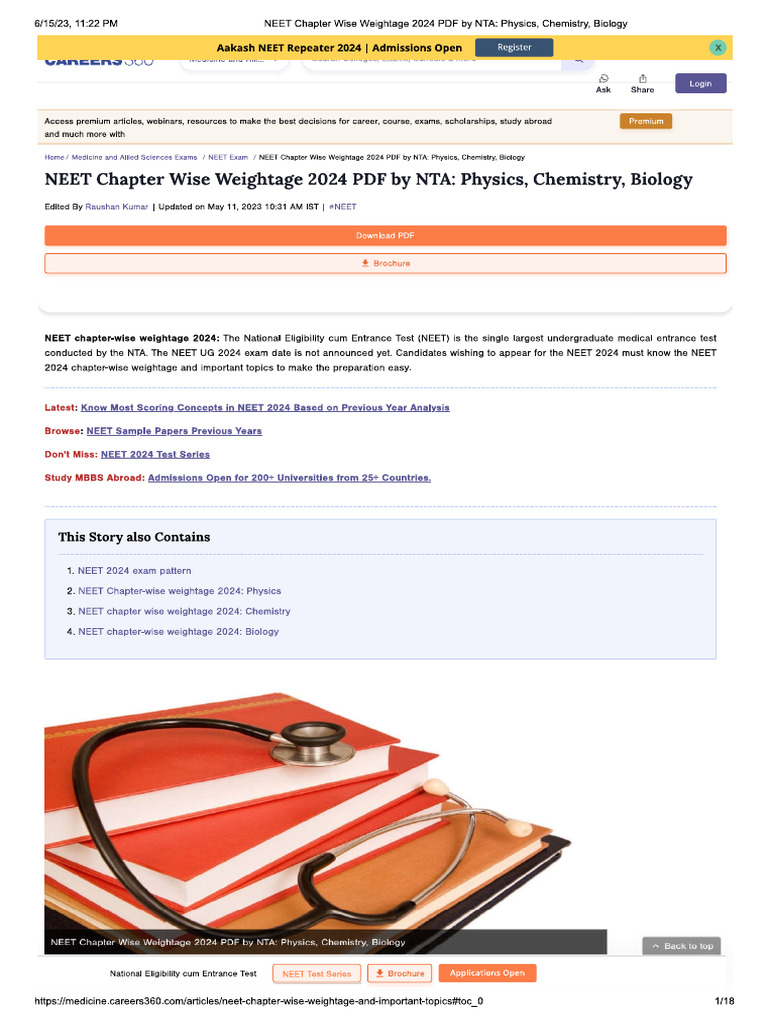 NEET Chapter Wise Weightage 2024 PDF by NTA - Physics, Chemistry, Biology | PDF
