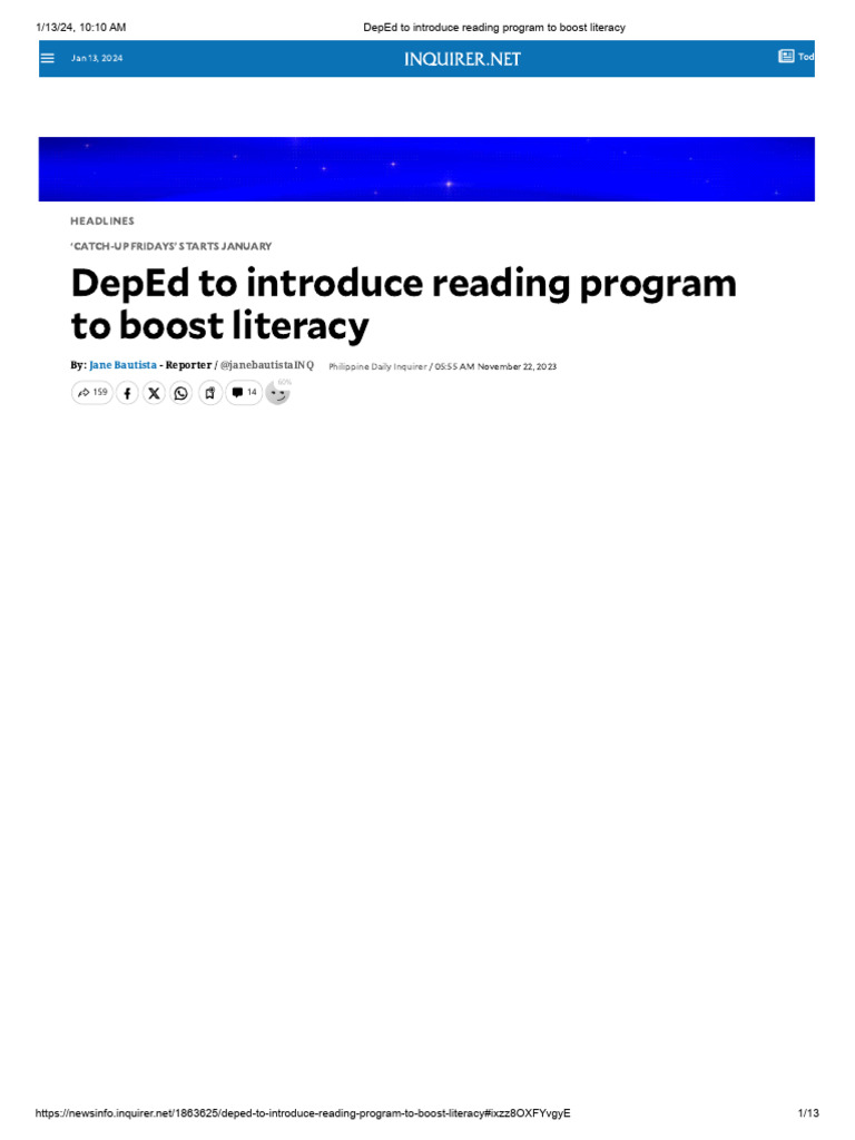 DepEd To Introduce Reading Program To Boost Literacy | PDF ...