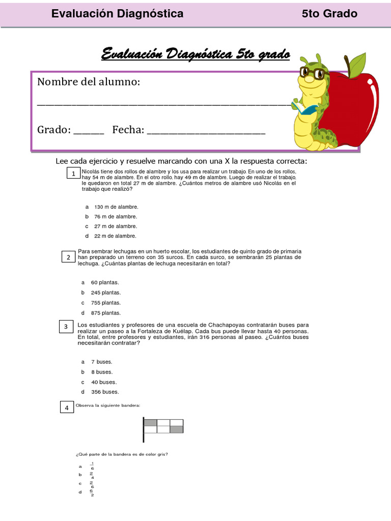 Evaluación Diagnóstica 5to grado matemática | PDF