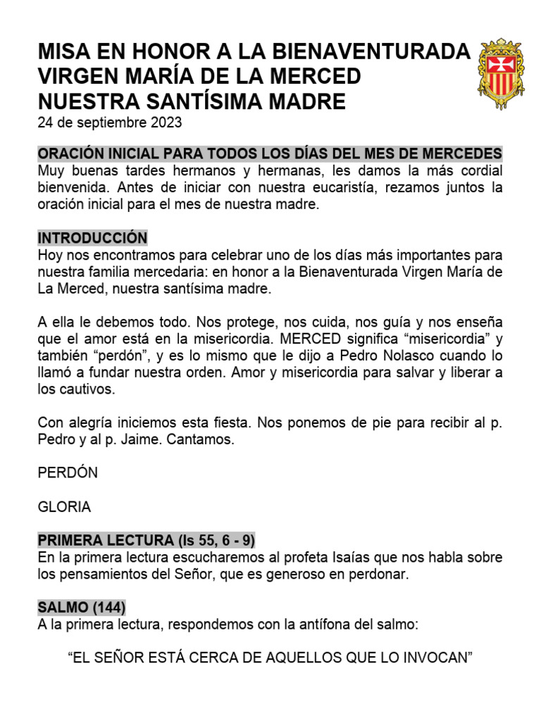 Guión Misa Virgen María Merced 24 Sept 2023 | PDF | eucaristía | María ...