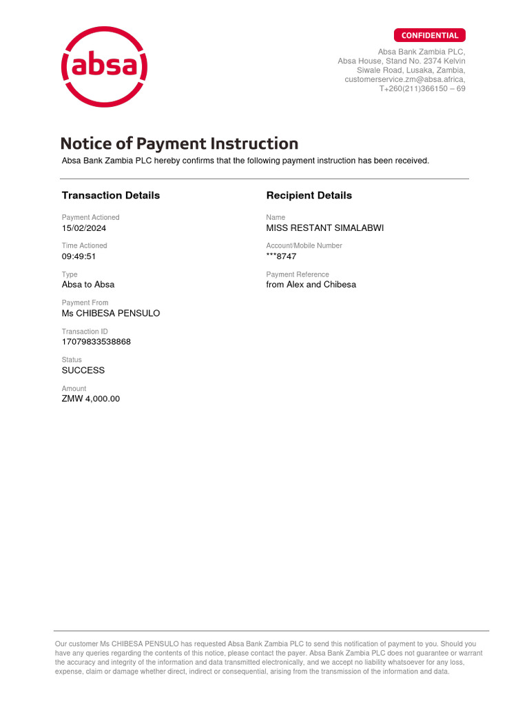 Absa Bank Zambia Payment Confirmation | PDF