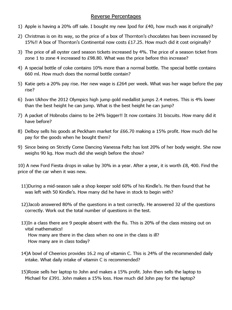 Reverse Percentages Worksheet - Questions | PDF