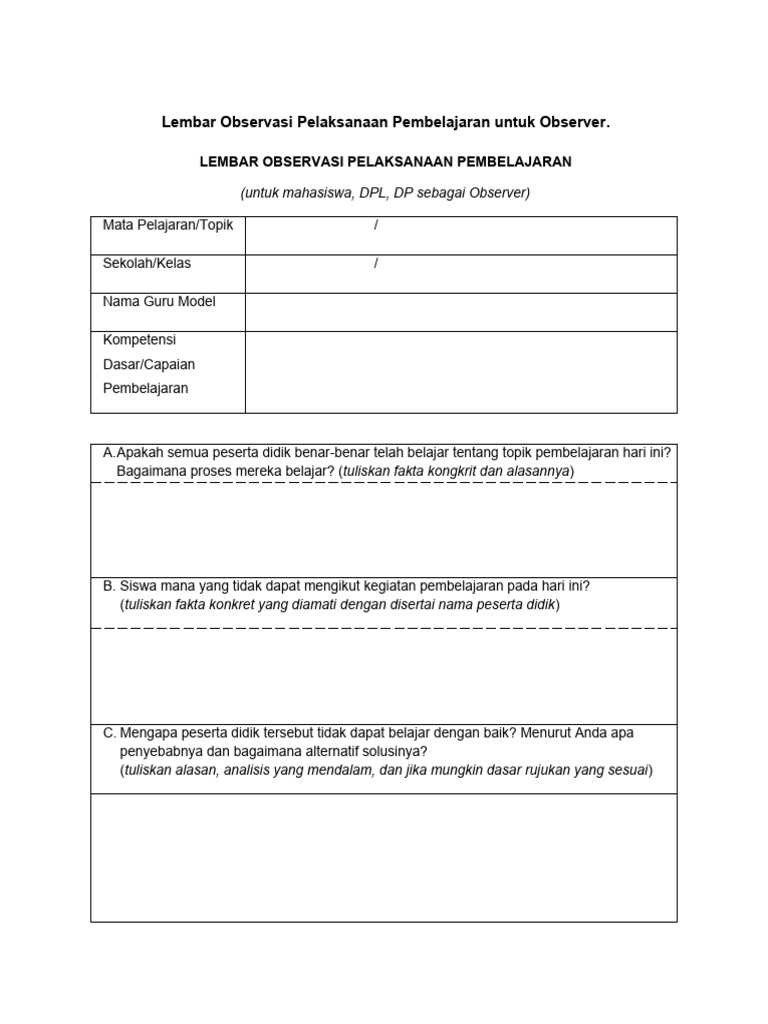 Lampiran 5. LK 4 Format Lembar Observasi Pelaksanaan Pembelajaran Untuk Observer | PDF