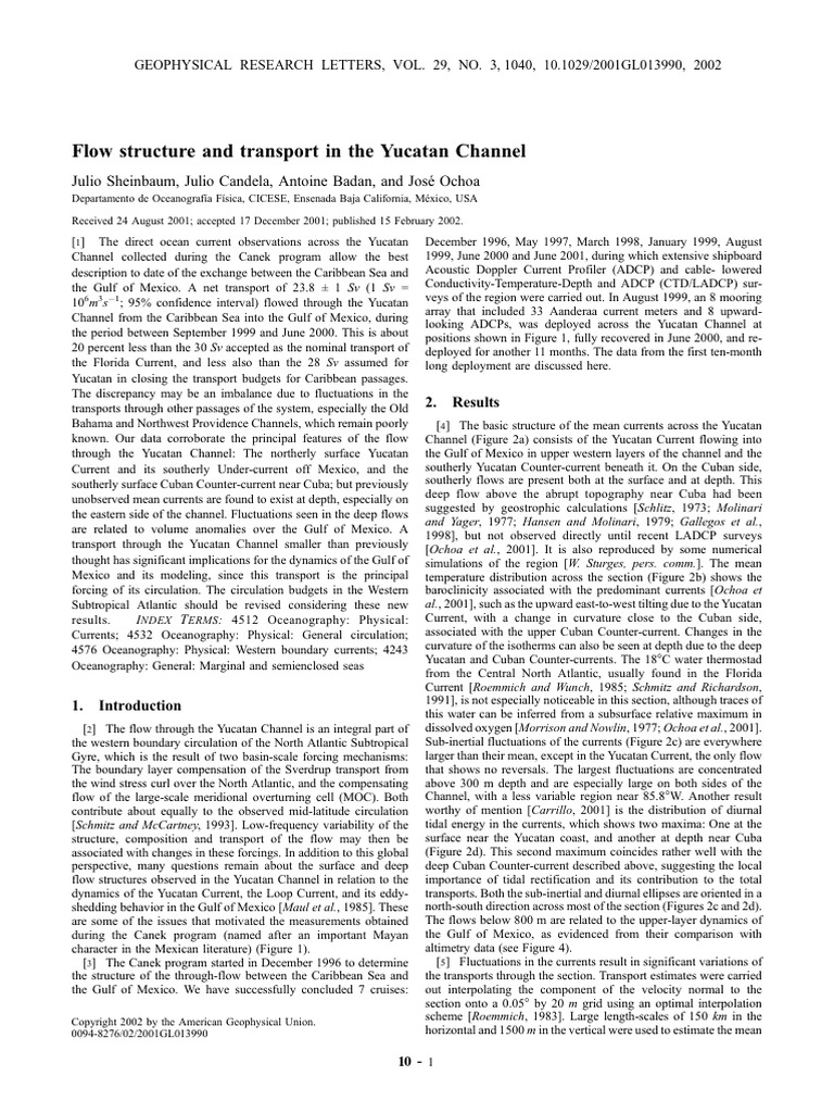 Flow Structure and Transport in The Yucatan Channel | PDF | Atlantic ...