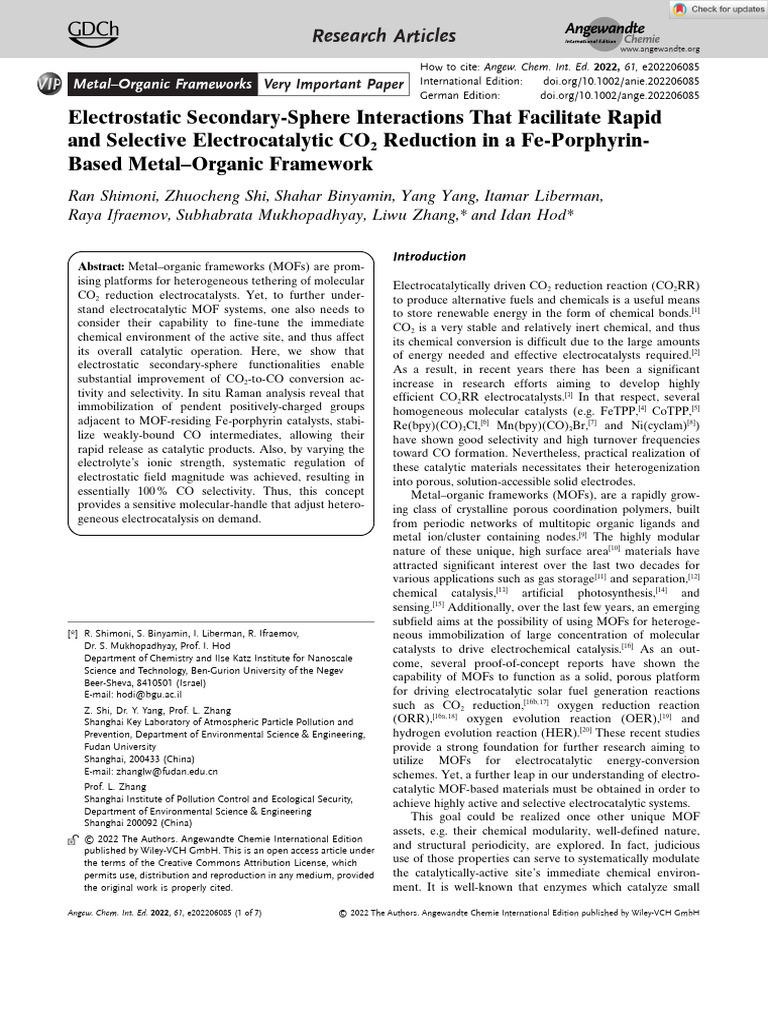 Angew Chem Int Ed - 2022 - Shimoni - Electrostatic Secondary Sphere Interactions That Facilitate ...