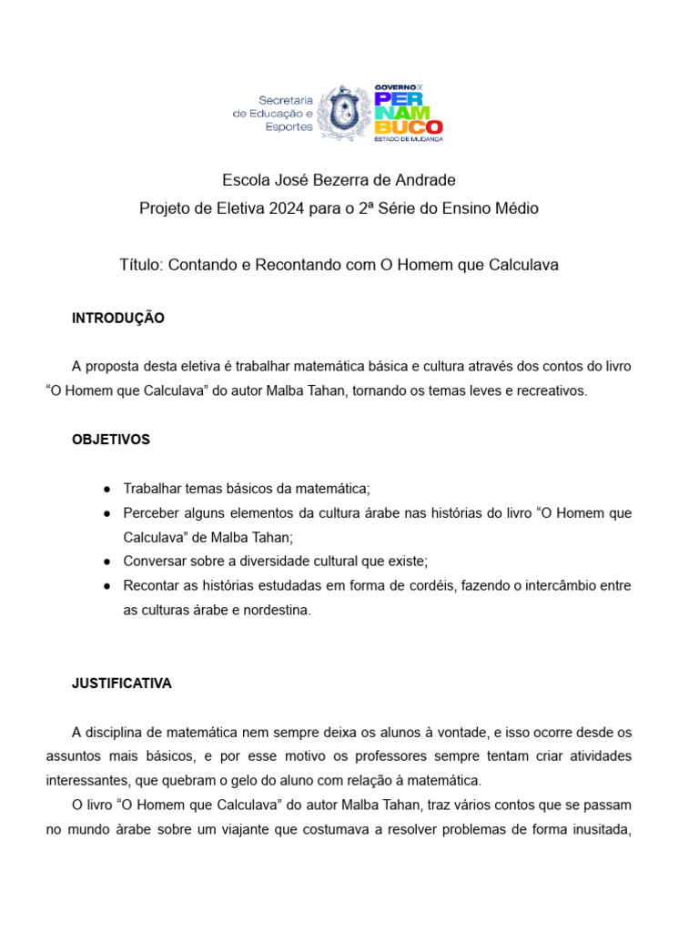 Projeto Eletiva - Contando e e Recontando Com O Homem Que Calculava | PDF | Matemática | Livros