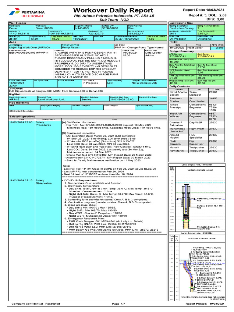 Workover Daily Report - PHR - Benar-066 - 2024-03-18 | PDF | Fuel ...