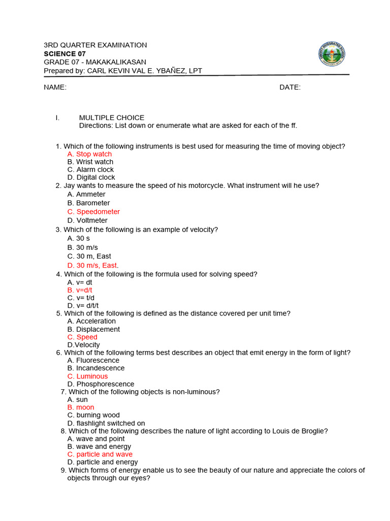 SCIENCE 3RD QUARTER - Review | PDF | Waves | Light