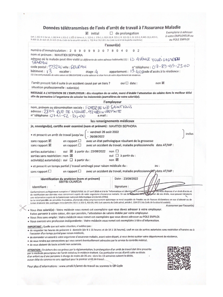 Données Télétransmises de L'avis D'arrêt de Travail À L'assurance Maladie | PDF