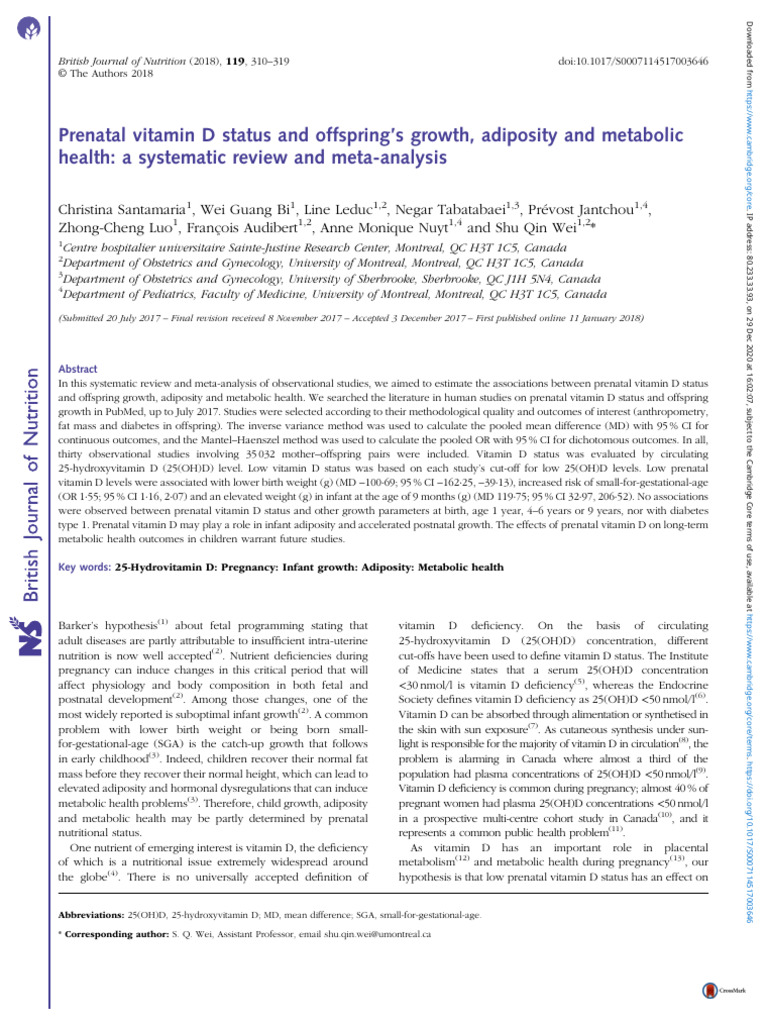 Prenatal Vitamin D Status and Offsprings Growth Adiposity and Metabolic ... Prenatal Vitamin D Status and Offsprings Growth Adiposity and Metabolic ...