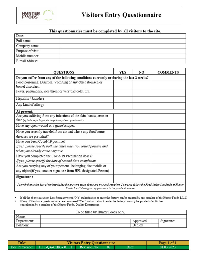 QA-CHK-01.01 Visitor Entry Questionaire | Download Free PDF | Medical ...