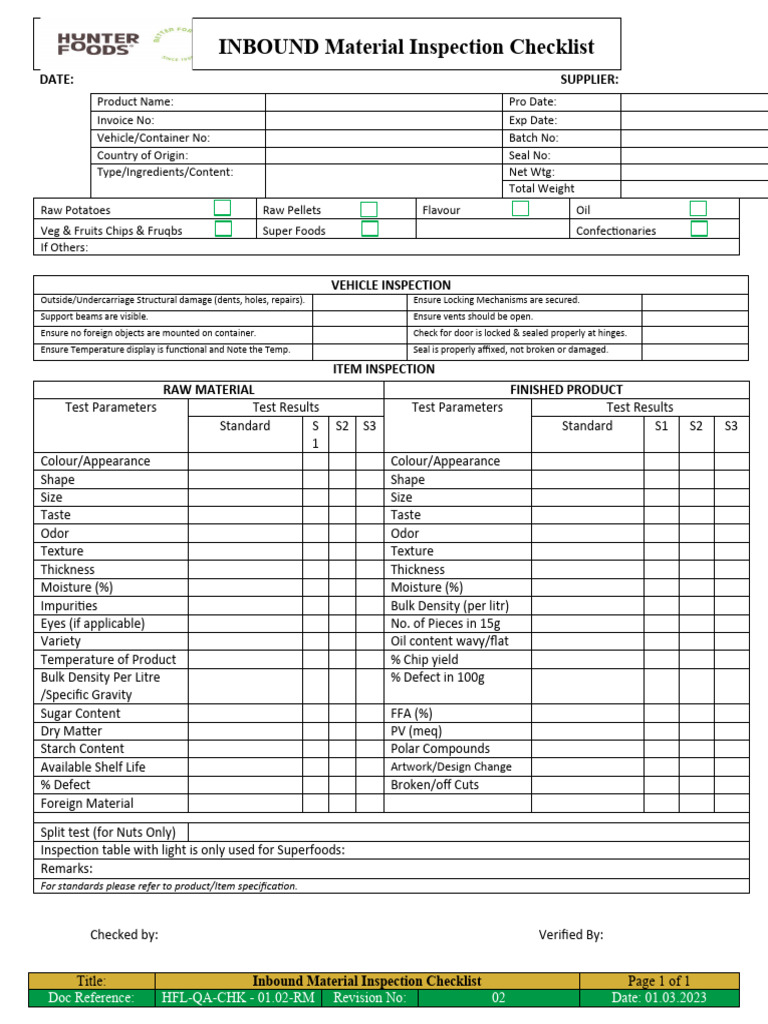 Inbound Material Inspection Checklist | PDF