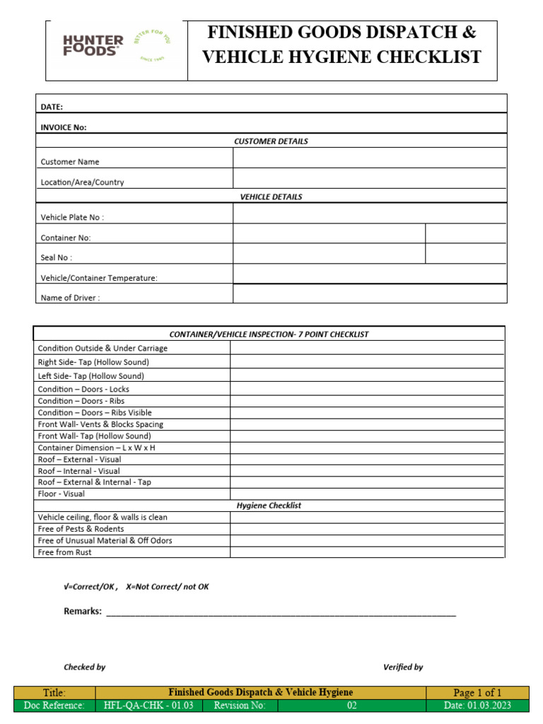 QA-CHK-01.03 FG Dispatch & Vehicle Hygiene | PDF
