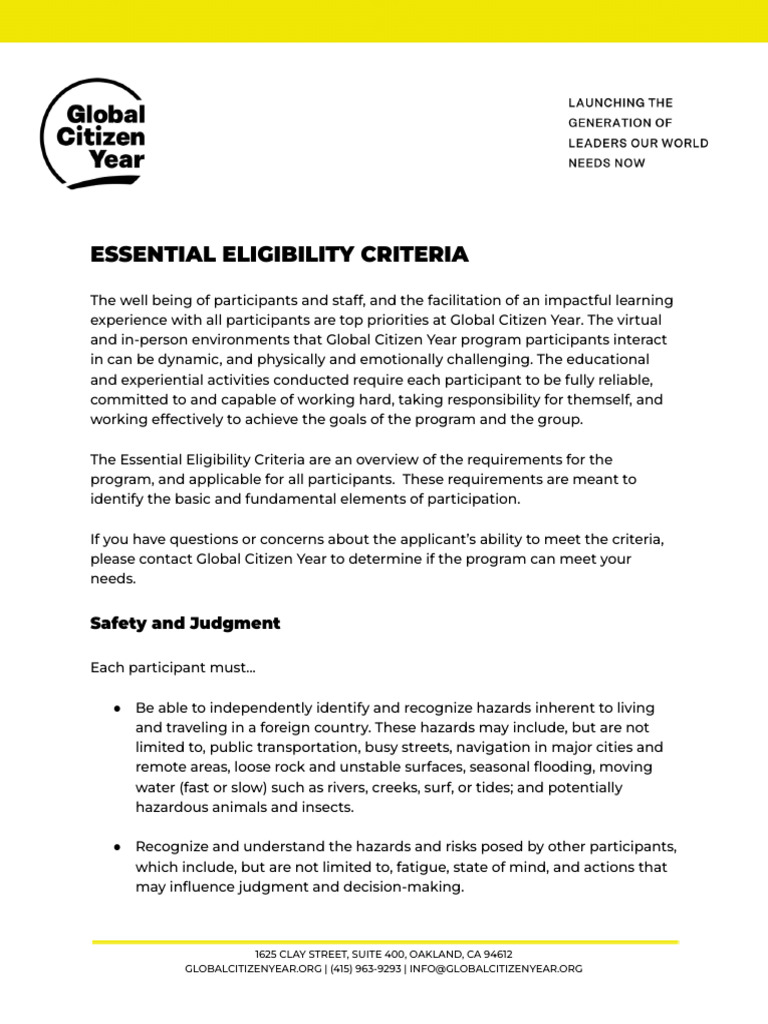 Essential Eligibility Criteria Take Action Lab 2023 | PDF | Hazards | Risk