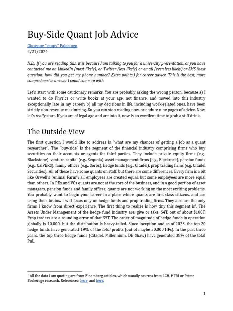 Buy-Side Quant Job Advice - Current | PDF | Hedge Fund | Statistics
