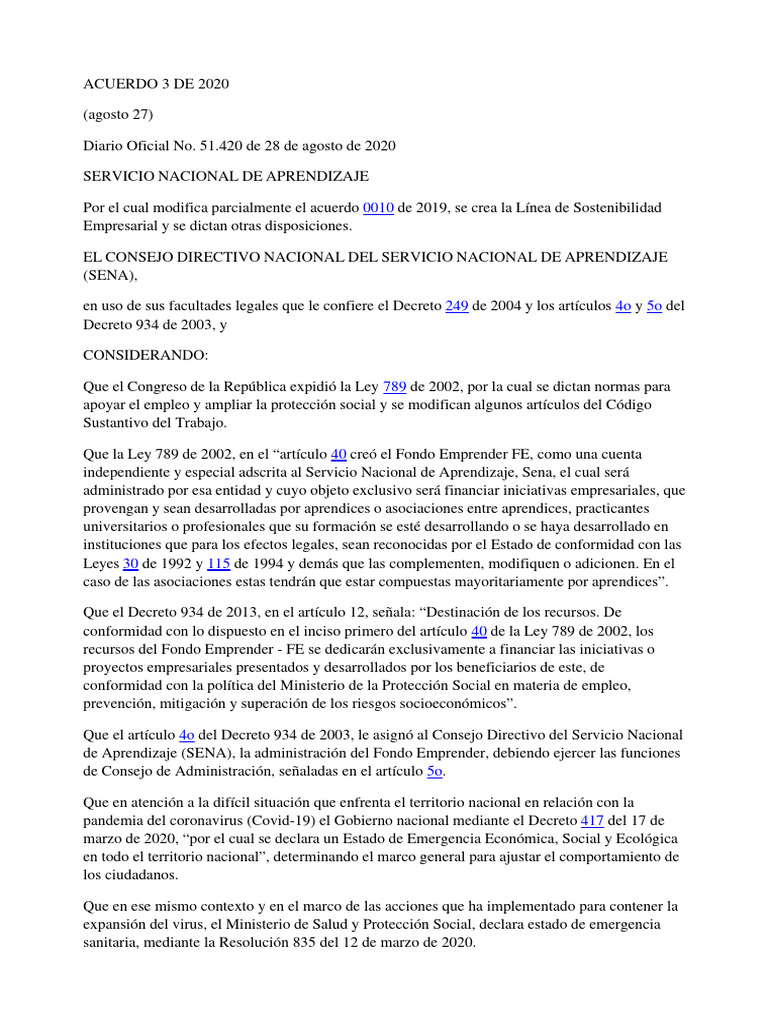 Modificación Acuerdo 3 de 2020 SENA | PDF | Business | Iniciativa ...