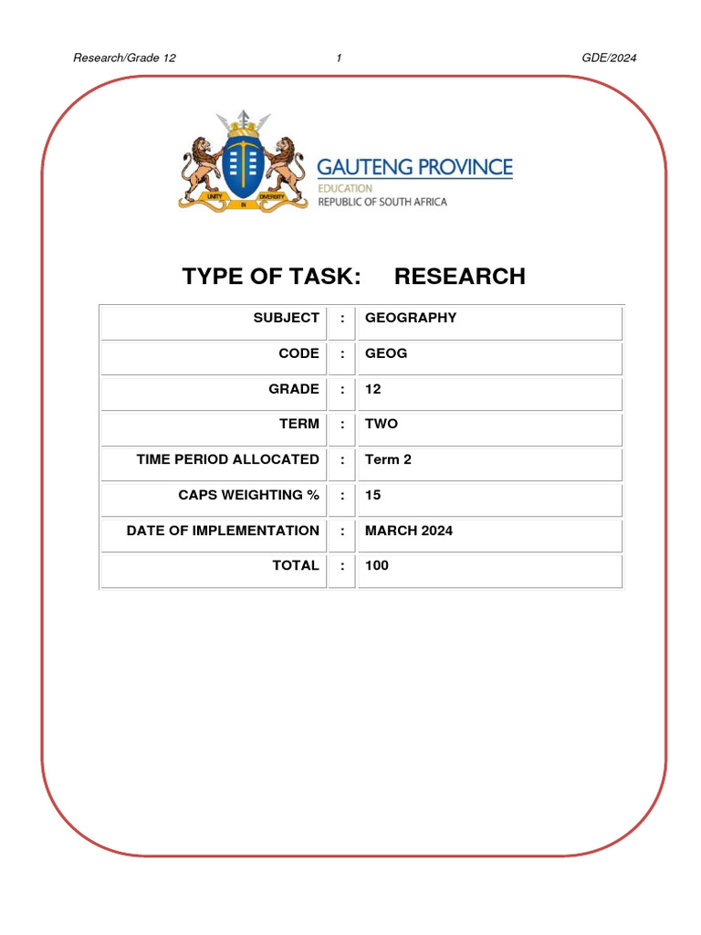 Research Task Grade 12 2024 | PDF | Geography | Data