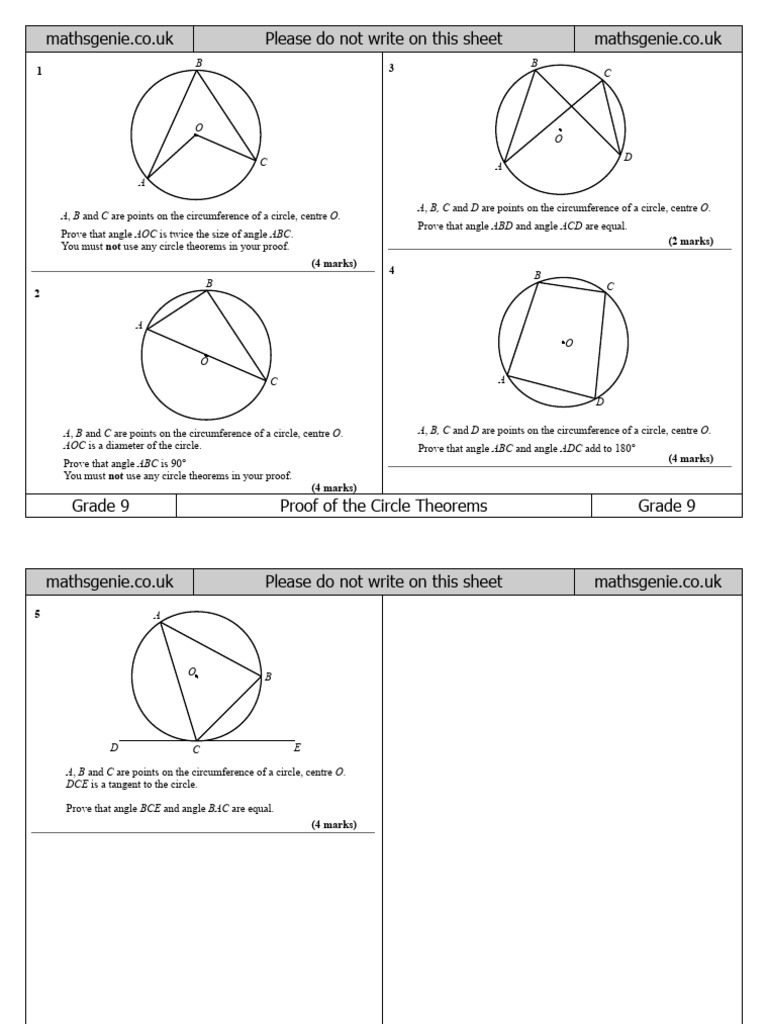 9 Proof of Circle Theorems Ws | PDF | Circle | Angle