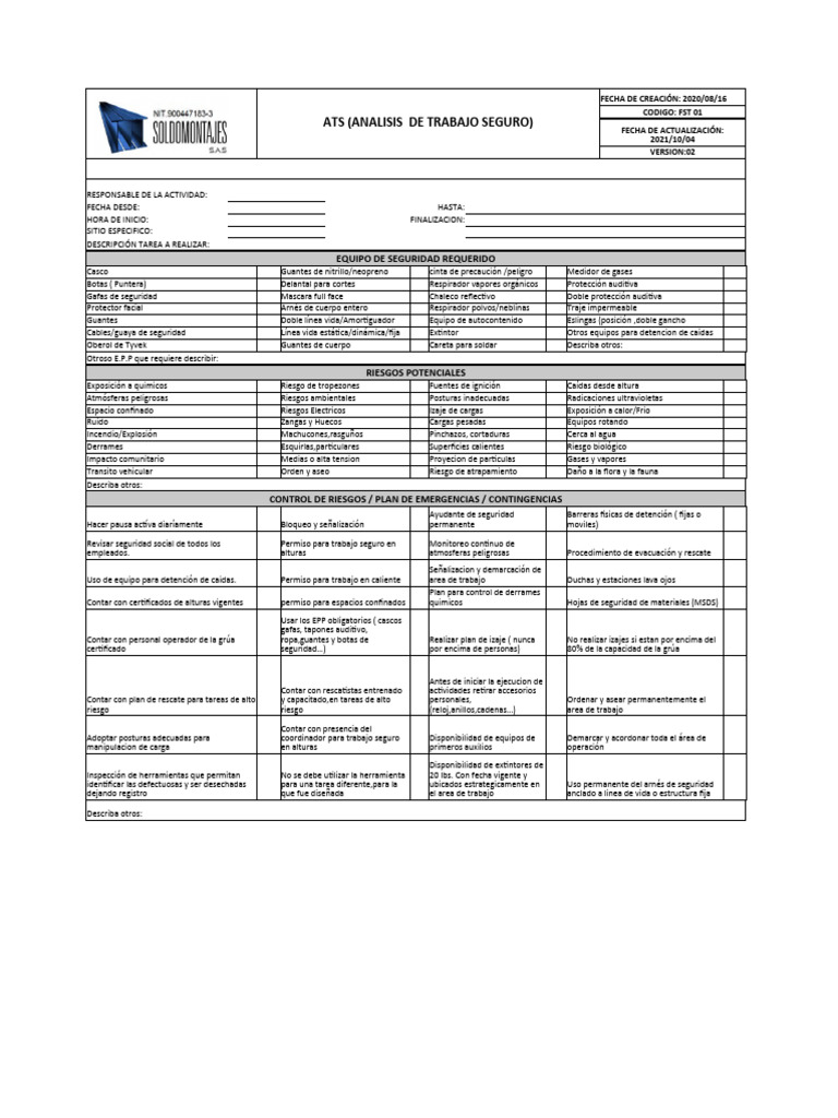 Formatos Ats y Permiso para Trabajo de Alto Riesgo | PDF
