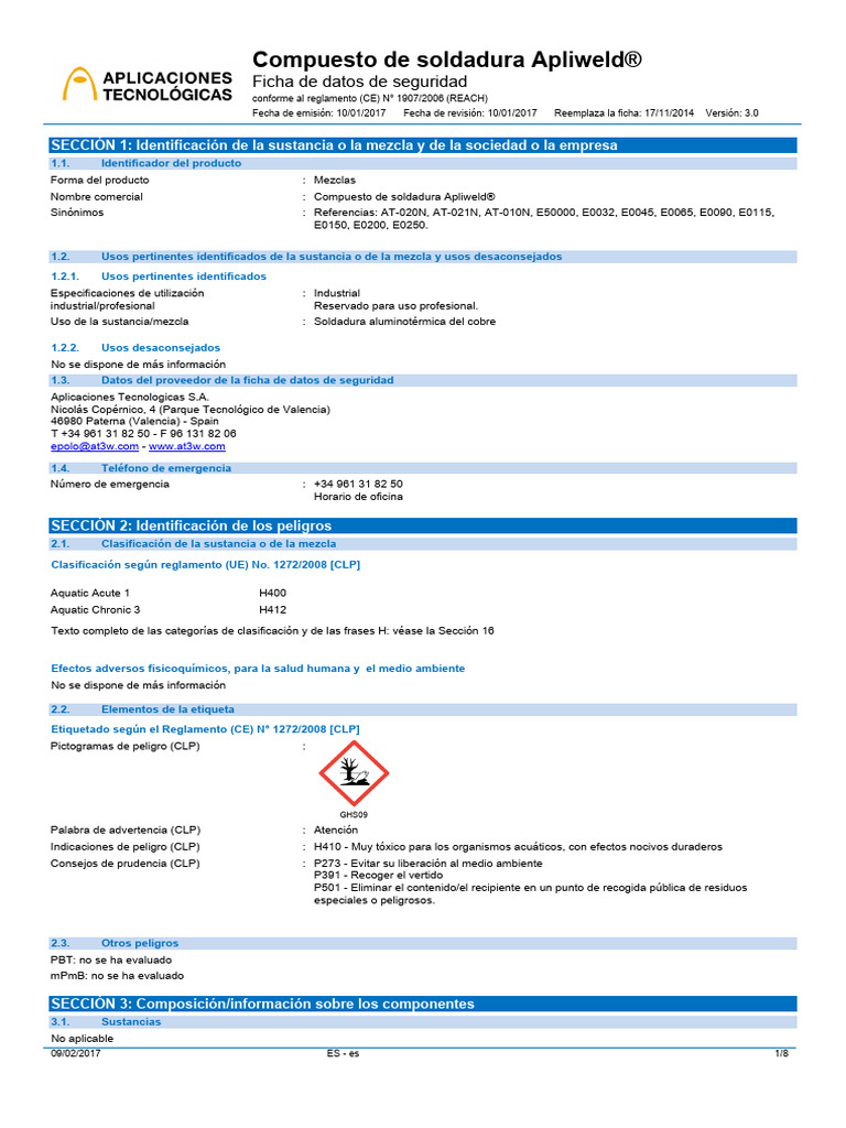7.ficha de Seguridad Compuesto Apliweld | Descargar gratis PDF | Agua | Toxicidad