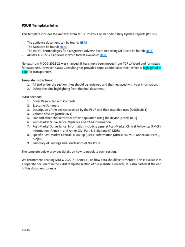 Template MDCG 2022 21 PSUR Template | PDF