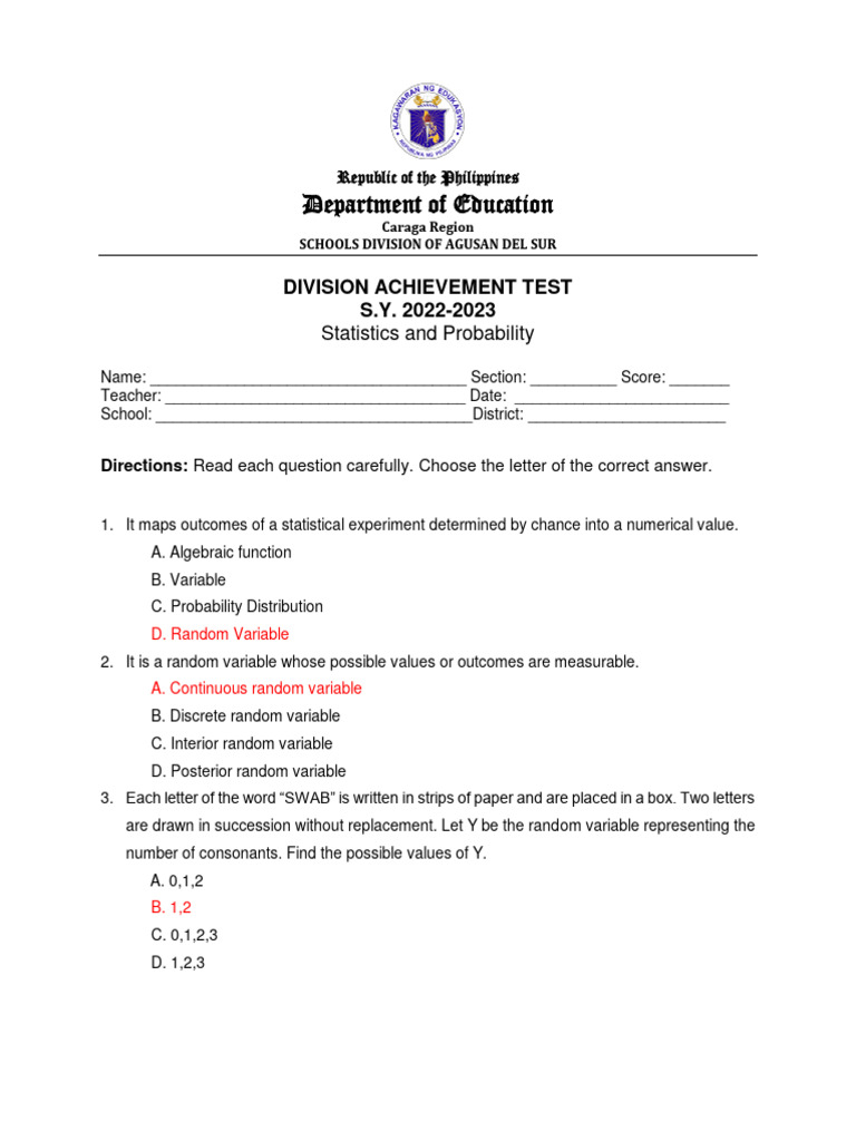 TQ-SHS-Statistics - Probability With Answer Key | PDF | Probability ...