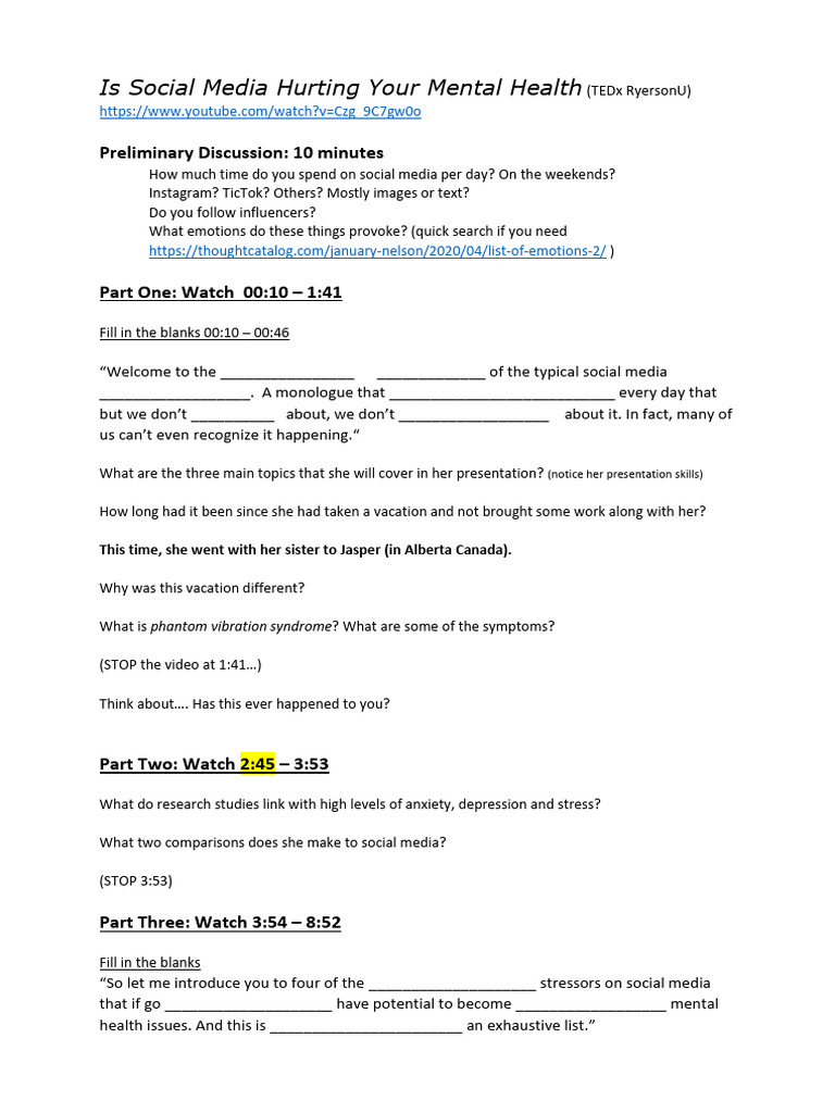 Is Social Media Hurting Your Mental Health_worksheet | PDF