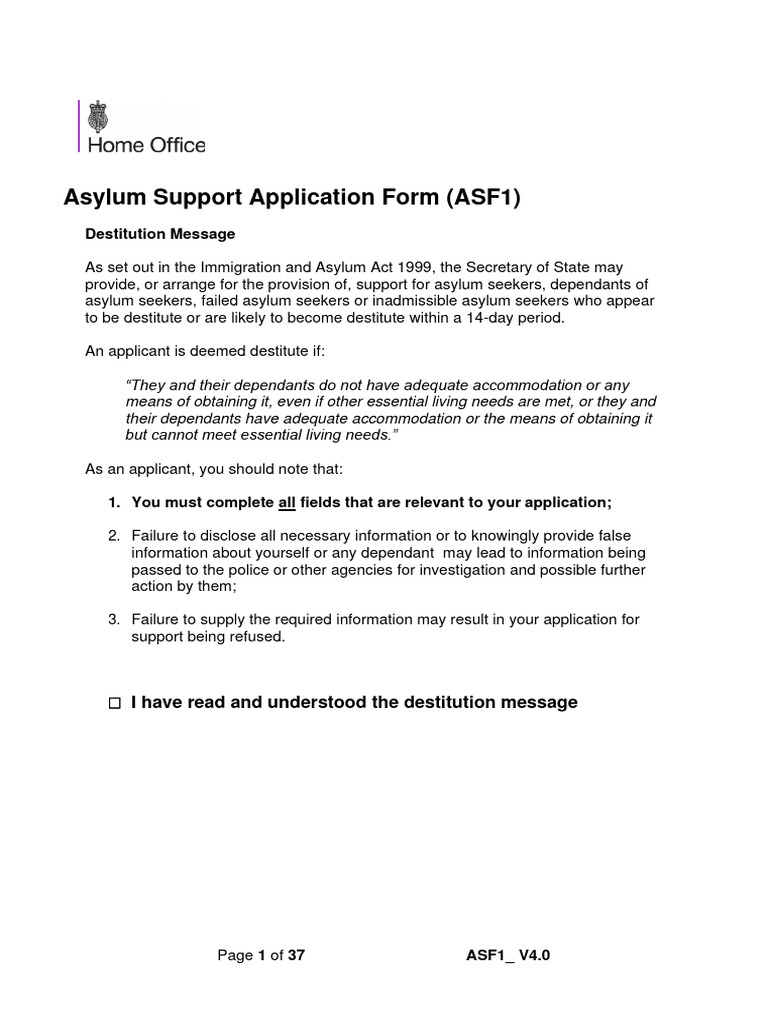 Asylum Support Application Form ASF1 | PDF | Asylum Seeker | Banks