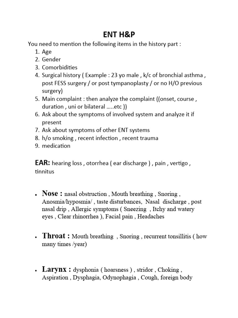 ENT History and Physical Examination Guide | PDF | Science & Mathematics