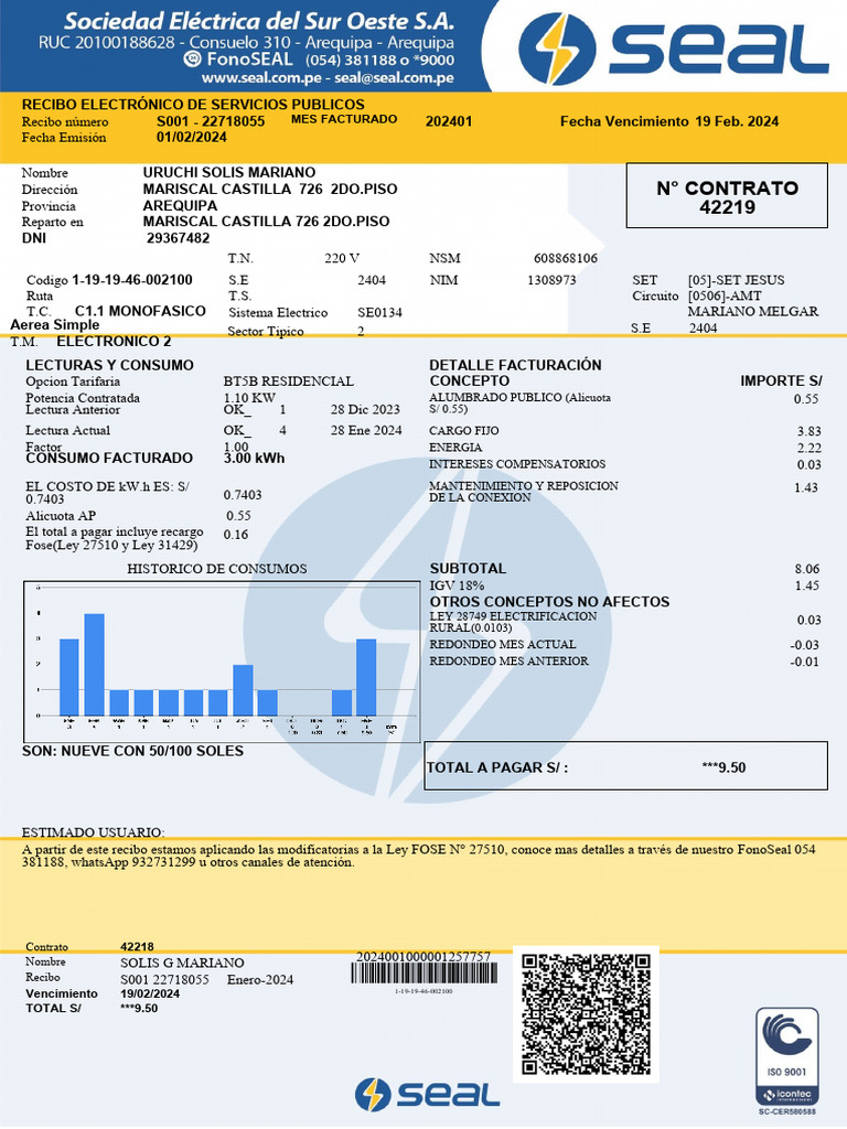 Modelo Recibo de Luz Peru Editable | PDF | Energia electrica | Electricidad
