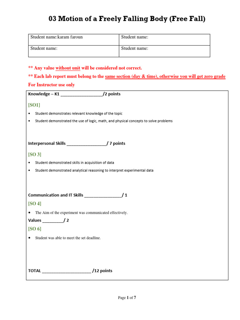 03 Motion of A Freely Falling Body Lab Work | PDF | Acceleration | Speed