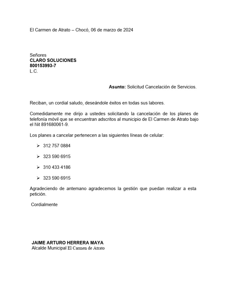 Modelo Oficio Cancelación Lineas Celular | PDF