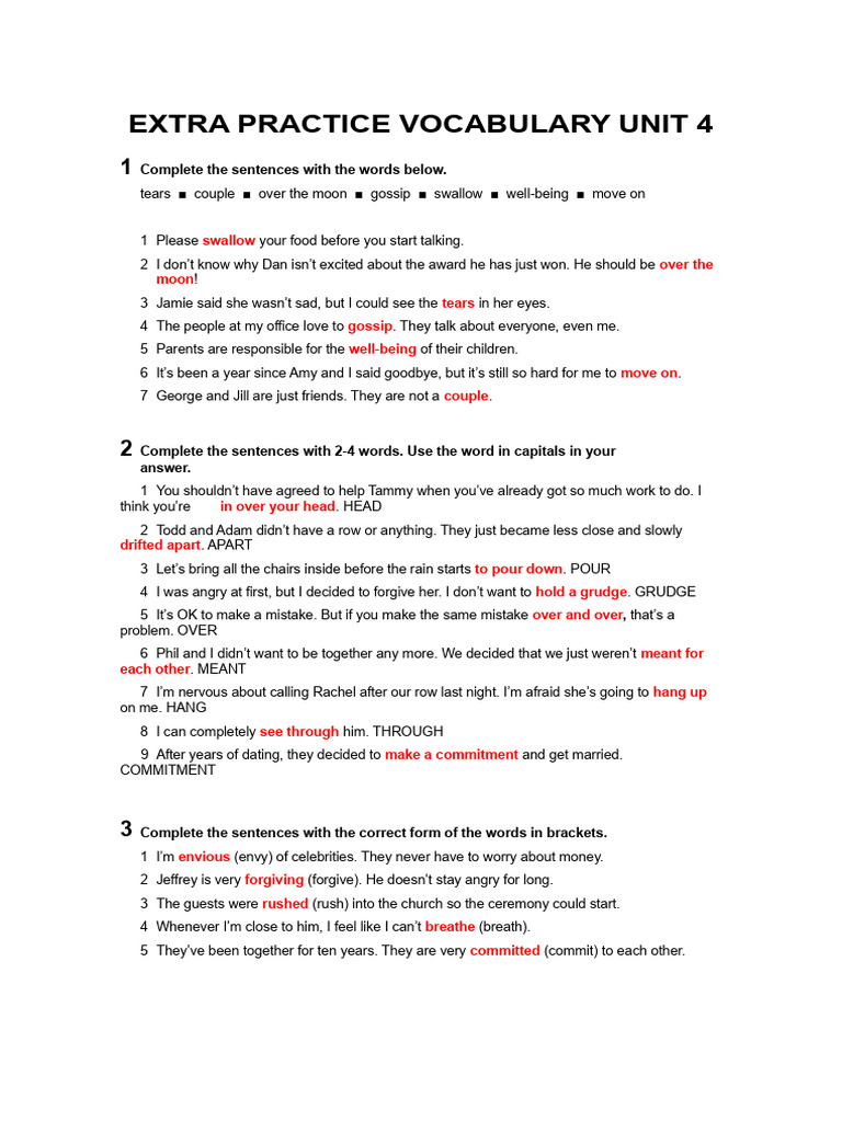 Vocabulary Unit 4 Answer Key | PDF