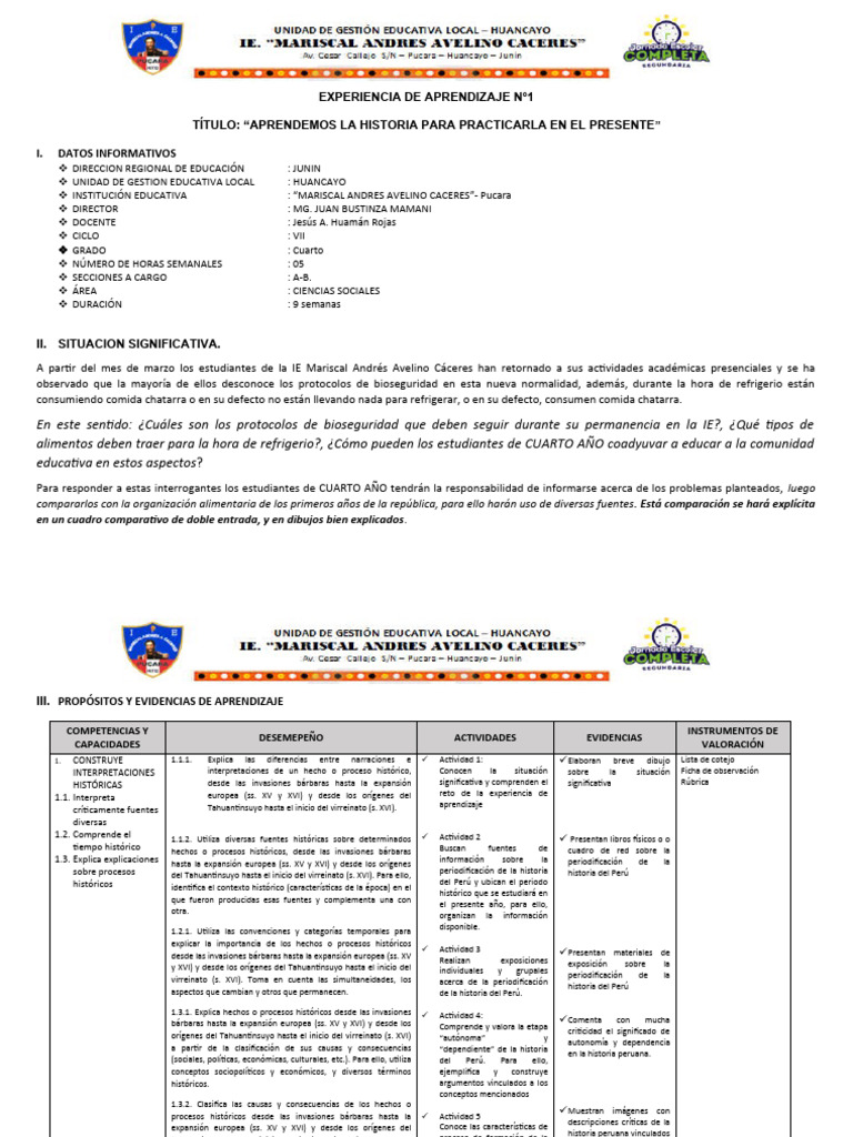 2022 Experiencia De Aprendizaje 4to Grado I Bimestre Pdf Perú
